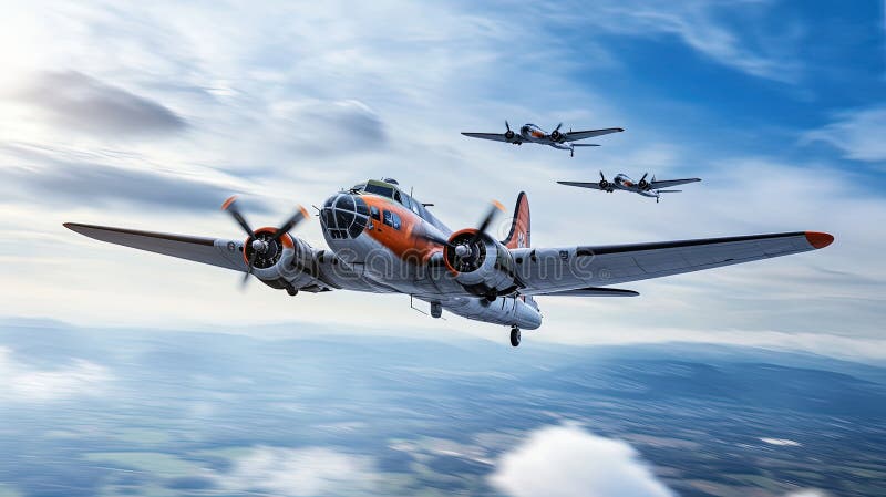WWII Bomber Planes Flying in Formation Over Cloudy Sky Stock ...