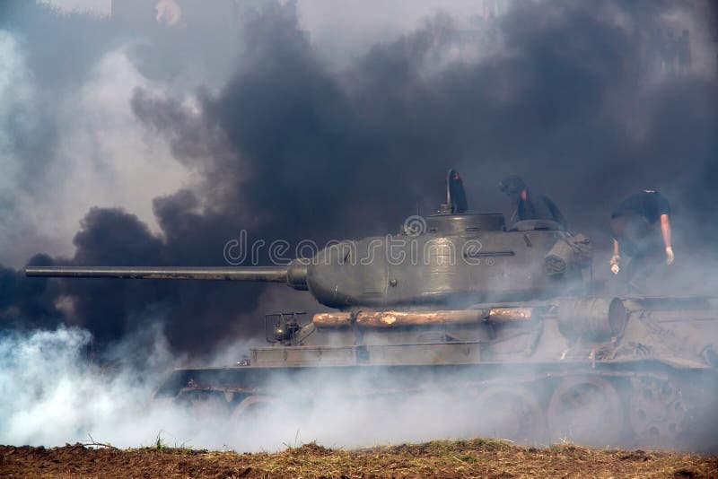 WWII tank, some smoke. stock photo. Image of caterpillar - 2149842