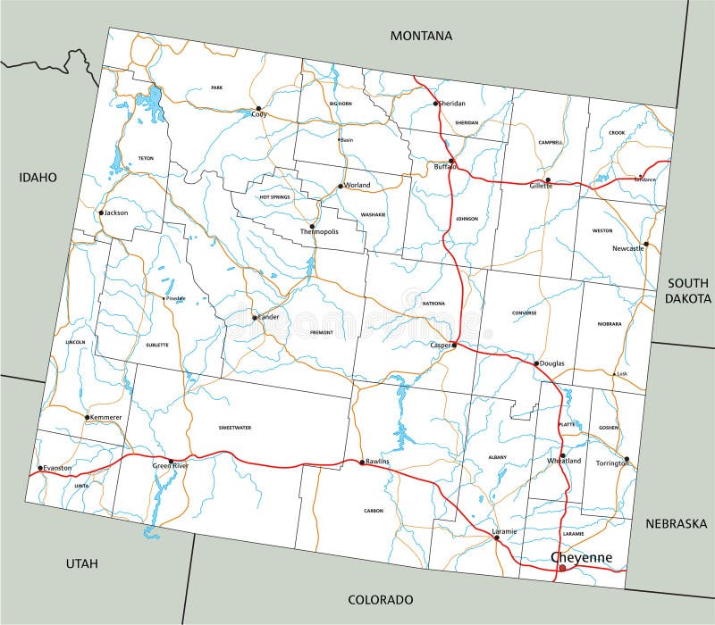 Detailed Wyoming Road Map with Labeling. Stock Vector - Illustration of ...
