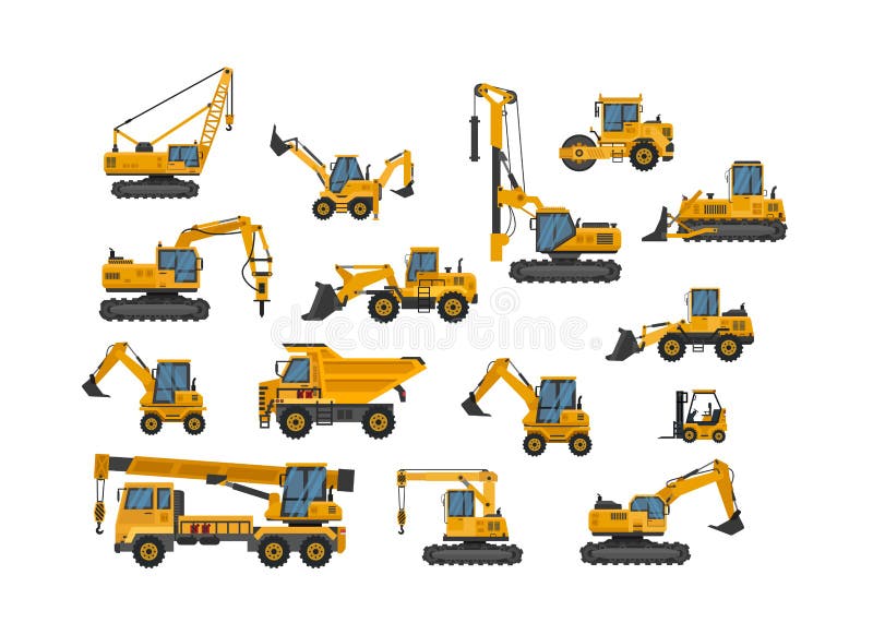 Set of Detailed Heavy Construction and Mining Machines in Flat Style on ...