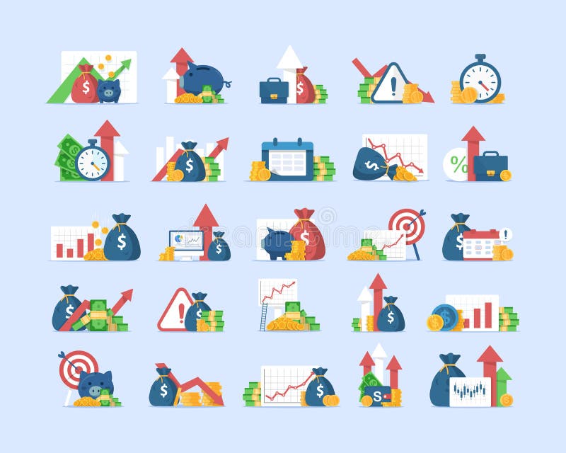 Finance Icons Set,revenue Increase,Compound Interest Stock Illustration ...