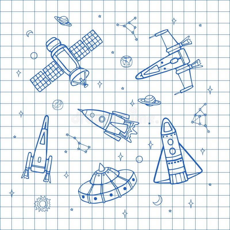 Rockets, Space Objects, Planets Drawn on a Notebook Sheet. Vector Hand ...