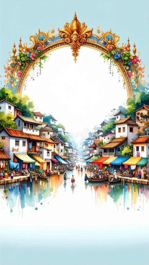 A Colorful Illustration Features a Vibrant Riverside Market in an Asian ...