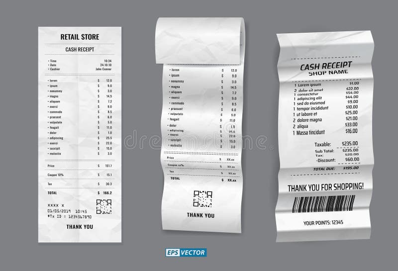 Set of Register Sale Receipt or Cash Receipt Printed on White Paper ...