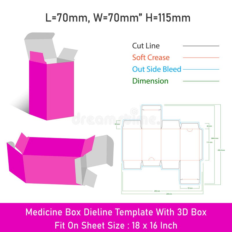 Medicine Box Dieline Template and 3D Box Stock Vector - Illustration of ...