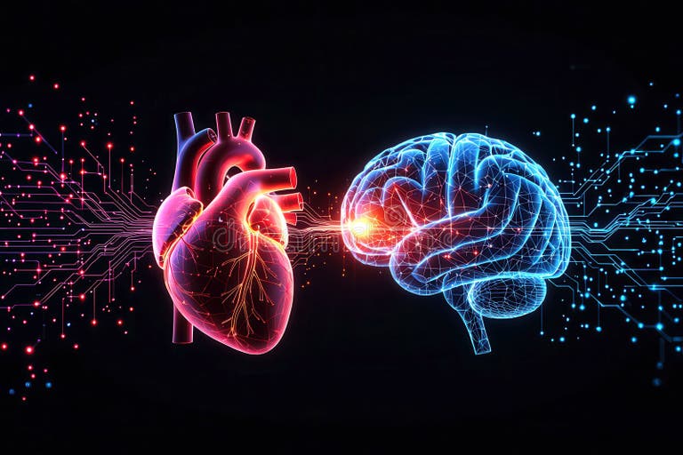 X-default Human Heart and Brain Connected by Circuitry Stock ...