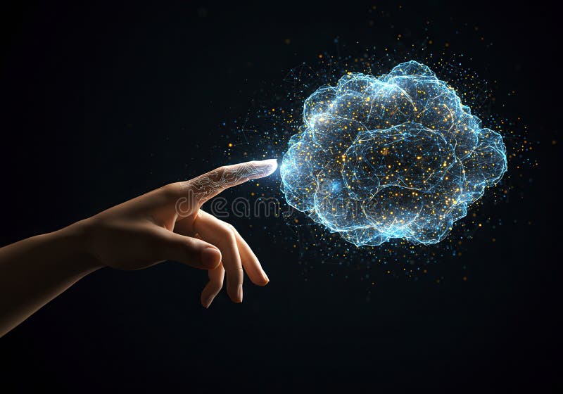 X-default Human Hand Interacting with Digital Brain, AI, Neural Network ...