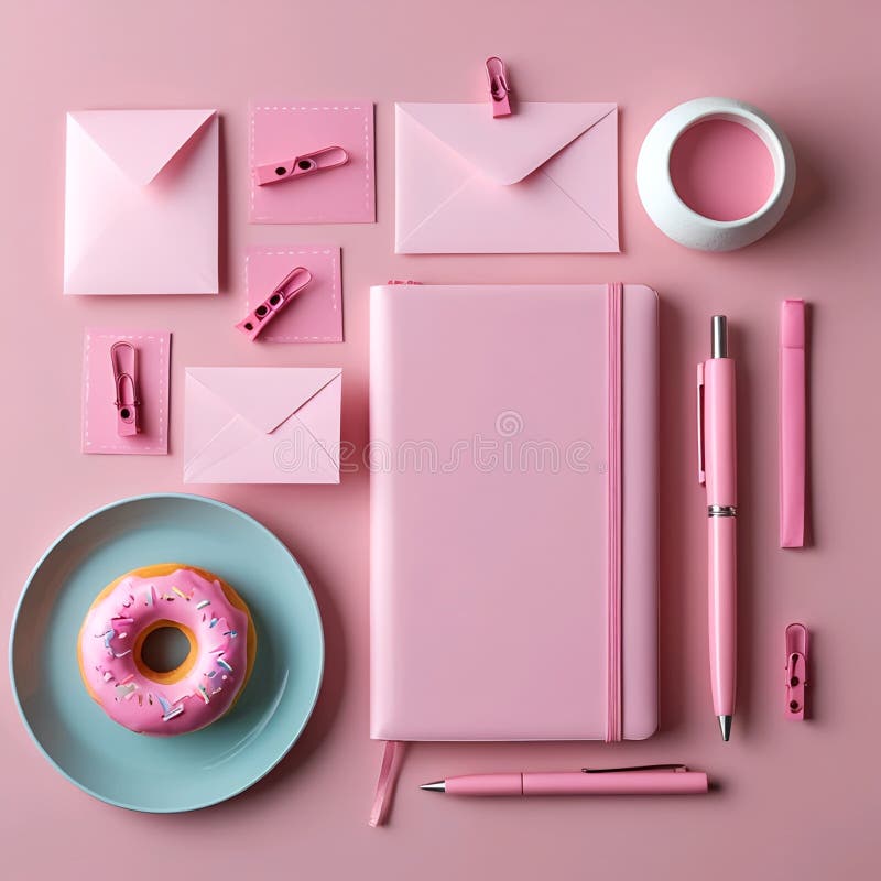 "Delightful Pink Workspace with Donuts and Stationery" Stock Photo ...