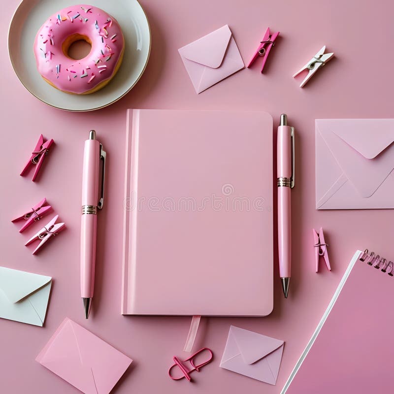 "Delightful Pink Workspace with Donuts and Stationery" Stock Image ...
