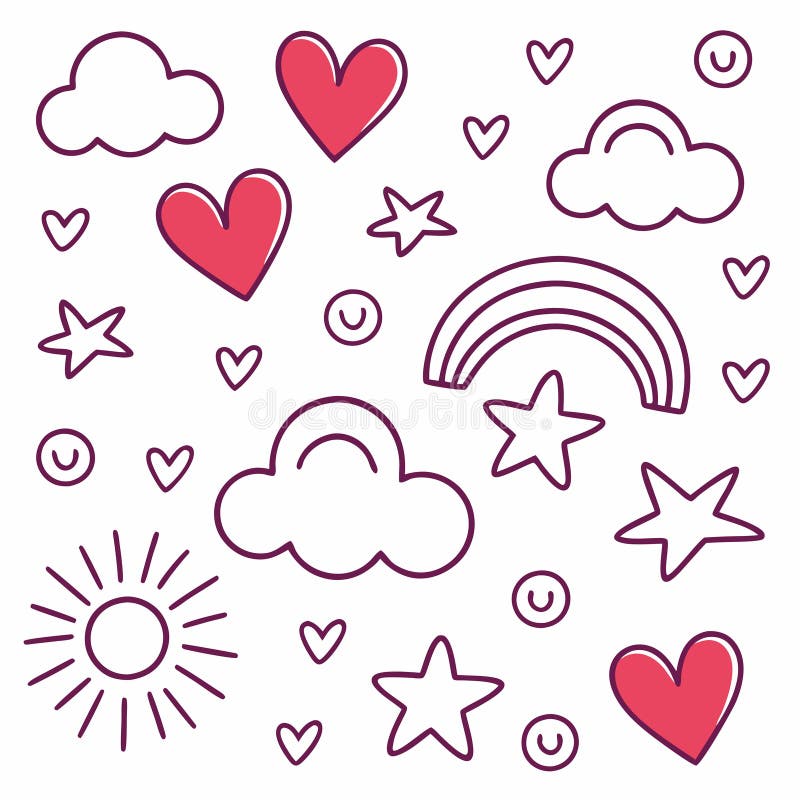Cute Weather and Heart Doodle Illustration. Whimsical Cartoon-style ...