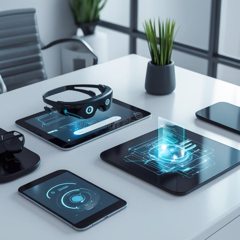 "Futuristic Tech Setup: Augmented Reality Devices and Sleek Interface ...