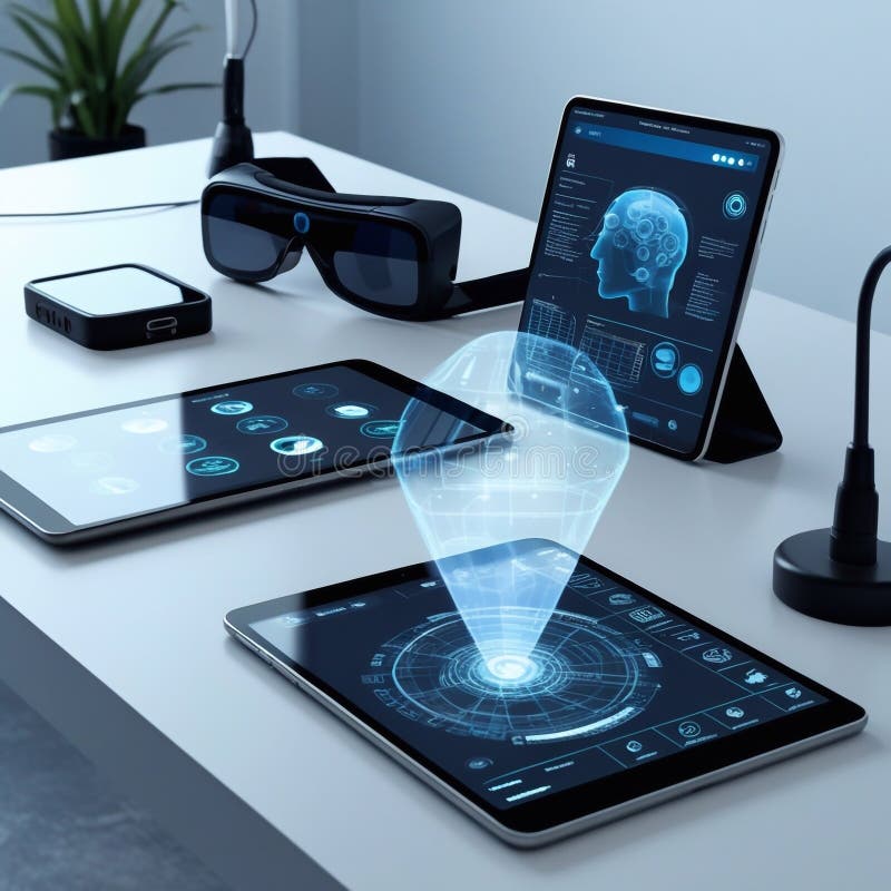"Futuristic Tech Setup: Augmented Reality Devices and Sleek Interface ...