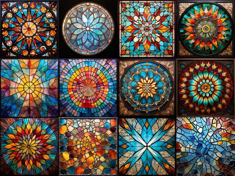 4x3 Grid Collage, of an Array of Various Stained Glass Pieces Stock ...
