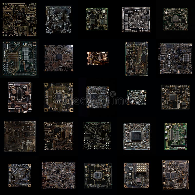 A 5x5 Grid Collage Showcasing an Array of Intricate Circuit Boards with ...
