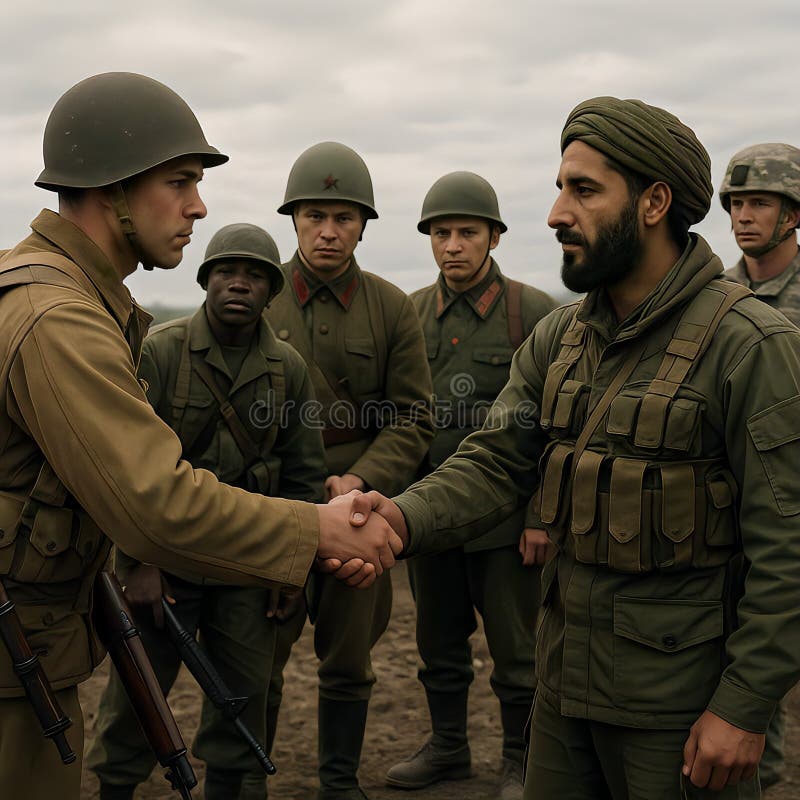 "a Group of Unarmed Soldiers Shake Hands As a Sign of Peace." Stock ...