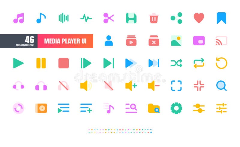 24x24 Pixel Perfect. Multimedia Players User Interface UI. Flat Color Icons. for App, Web, Print ...
