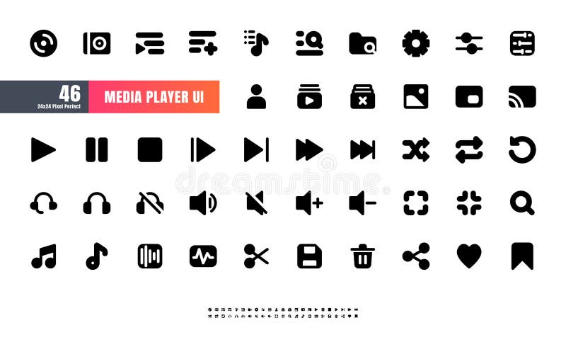 24x24 Pixel Perfect. Multimedia Players User Interface UI. Solid Glyph ...