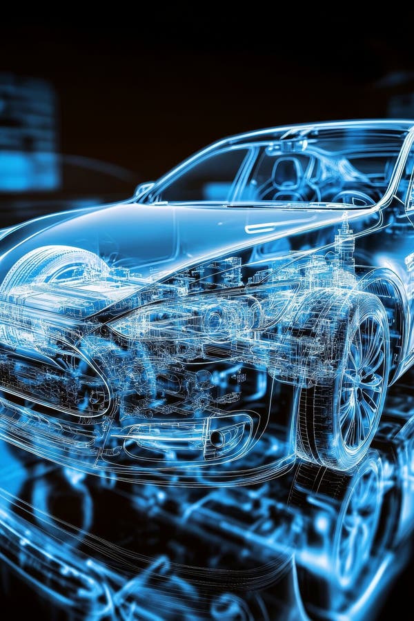 X-ray Blueprint of a Modern Car with Visible Internal Components and ...