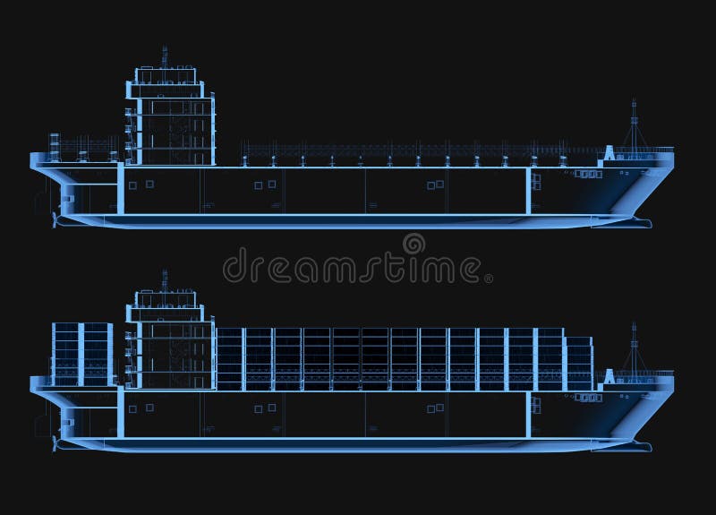 X-ray Cargo Ship or Vessel Isolated on Black Stock Illustration ...