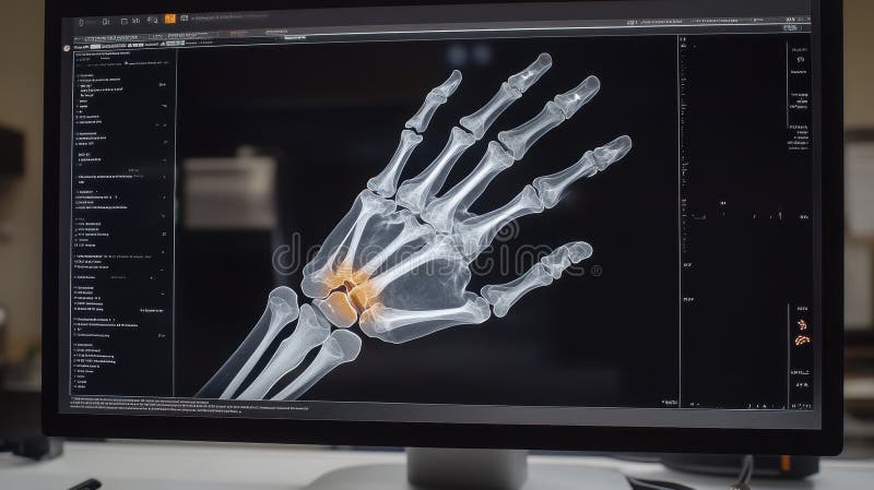 X-ray Image of a Human Hand Displayed on a Computer Monitor for Medical ...