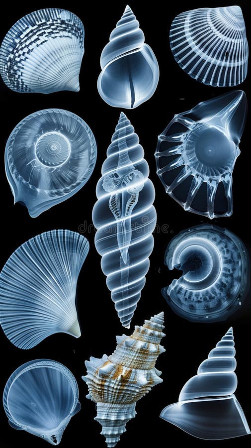 X-ray Image of Seashells Displaying Intricate Internal Structures on a ...