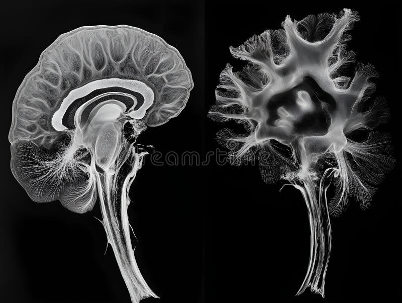 X-ray Images of Brain: Profile and Top View, Highlighting Structures ...