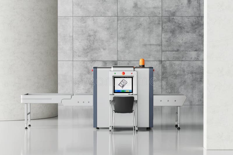 X-ray Security Baggage Scanner in Airport Terminal Interior. 3d ...
