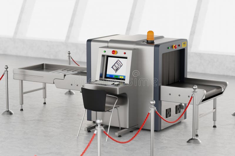 X-ray Security Baggage Scanner in Airport Terminal Interior. 3d ...