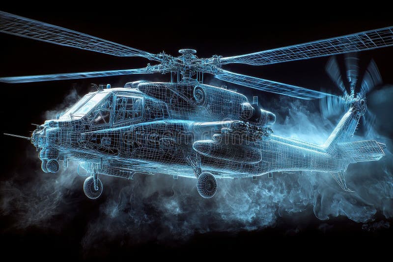 X-Ray Styled Visualization of a Modern Attack Helicopter in Blue Tones ...