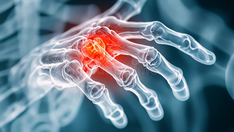 X-ray Visualization of Hand Showing Joint Pain in Fingers with Red ...