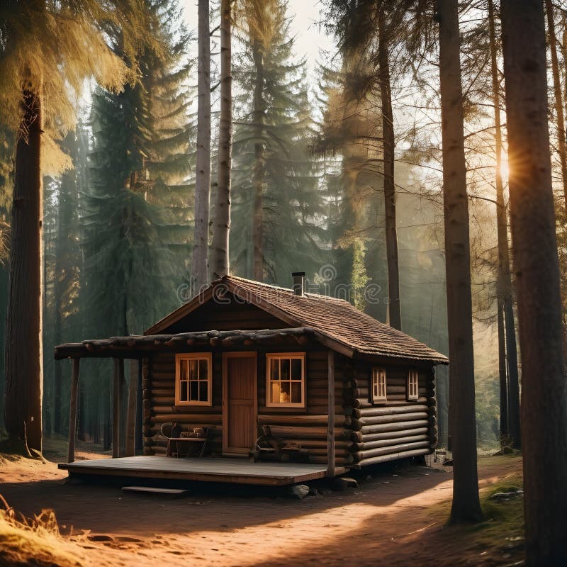 "Rustic Retreat: Wooden Log Cottage in a Pine Forest" Stock Photo ...