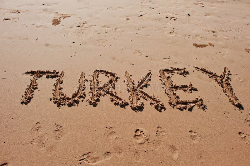 Turkey Written On Sandy Beach Stock Photo - Image of sand, sunny: 132440146