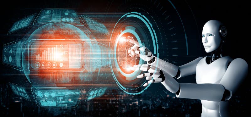 XAI AI Humanoid Robot Touching Virtual Hologram Screen Showing Concept ...