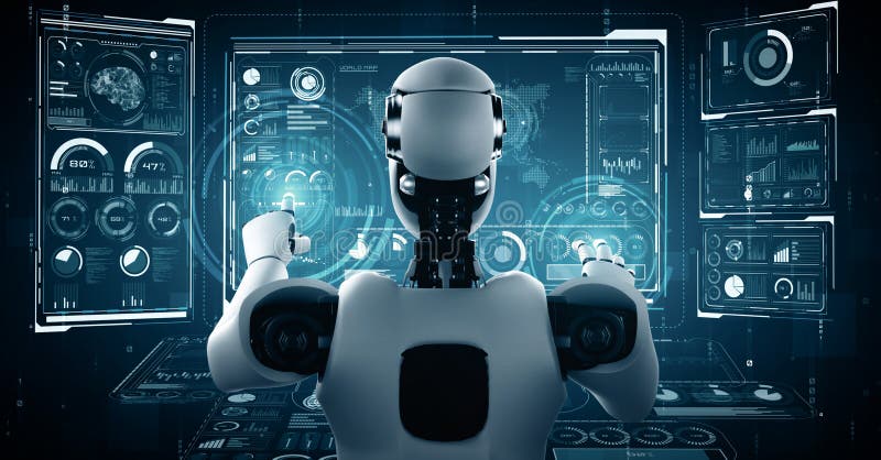 XAI AI Hominoid Robot Touching Virtual Hologram Screen Showing Concept ...