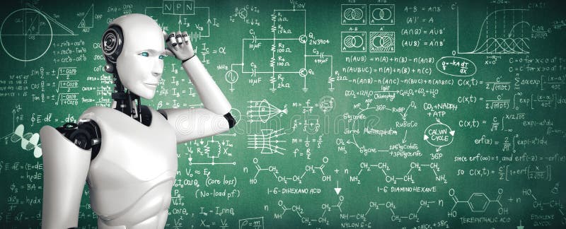 XAI Thinking AI Humanoid Robot Analyzing Screen of Mathematics Formula ...