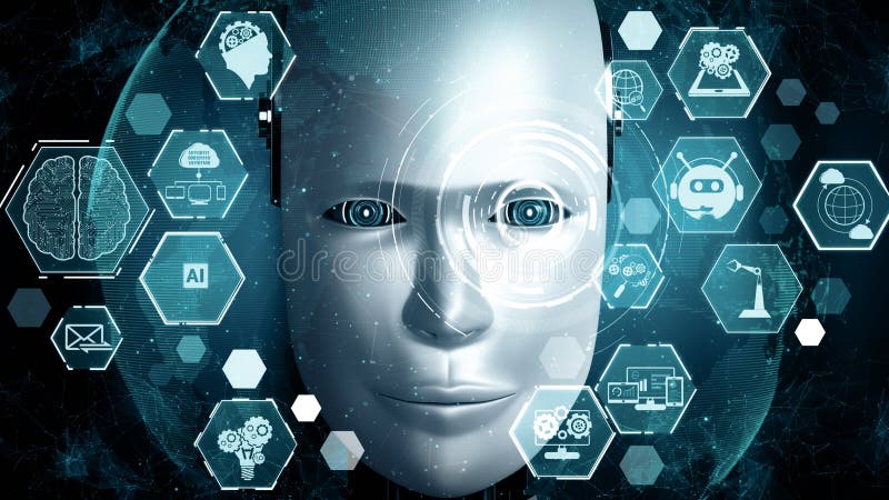 XAI Robot Hominoid Face Close Up with Graphic Concept of AI Thinking ...