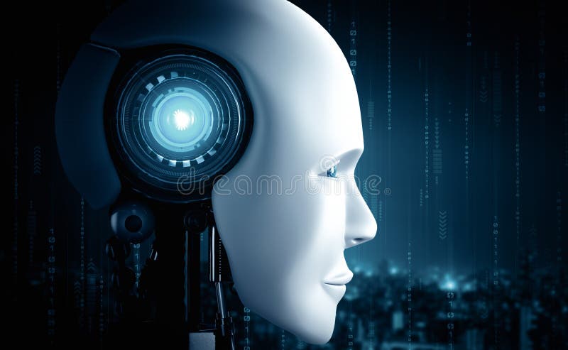 XAI Robot Humanoid Face Close Up with Graphic Concept of AI Thinking ...