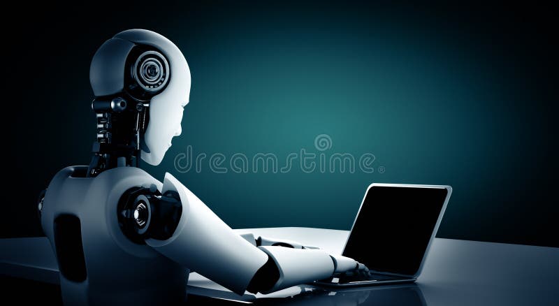 XAI Robot Humanoid Use Laptop and Sit at Table in Future Office Stock ...