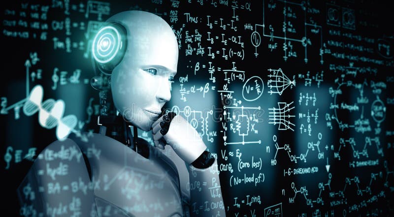 XAI Thinking AI Humanoid Robot Analyzing Screen of Mathematics Formula ...