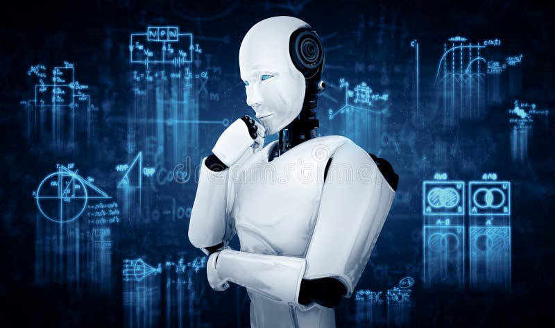 XAI Thinking AI Humanoid Robot Analyzing Screen of Mathematics Formula ...
