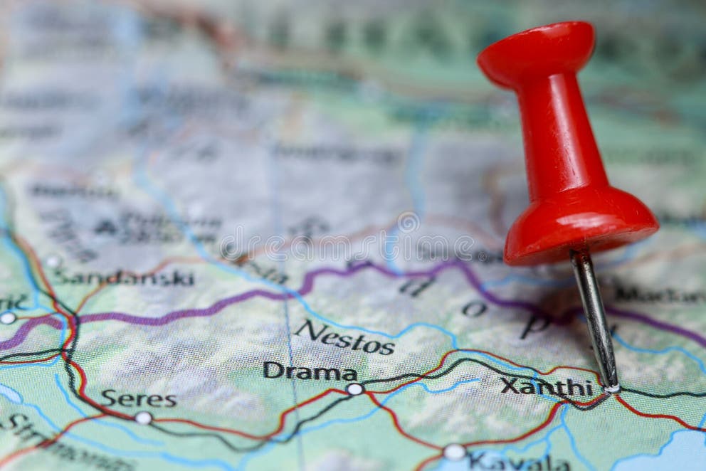 Xanthi, Greece pin on map stock photo. Image of atlas - 372544348