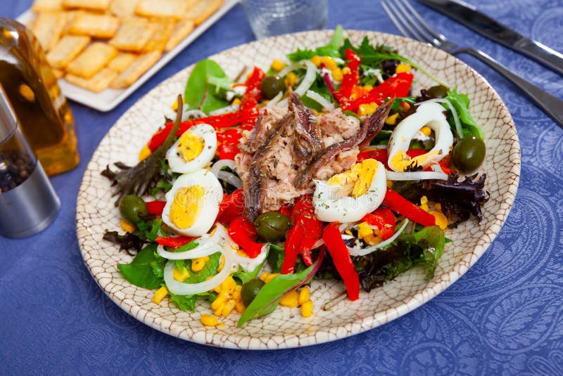 Xato Salad with Cod, Chopped Eggs and Corn Stock Image - Image of ...