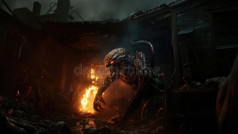 Xenomorph Alien Attack on a Planet, a City Destroyed by a Monster. Huge ...