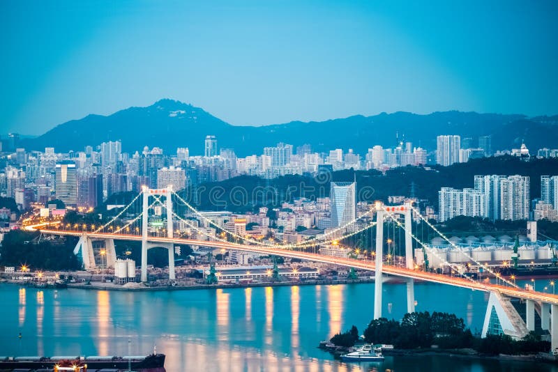 Xiamen Haicang Bridge Closeup in Nightfall Editorial Photography ...
