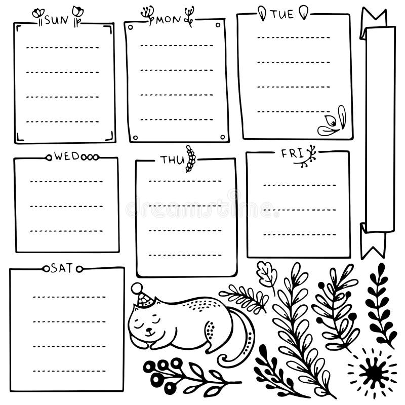 Set of Doodle Frames, Borders, Corners, Dividers, Ribbons, Weekdays and ...
