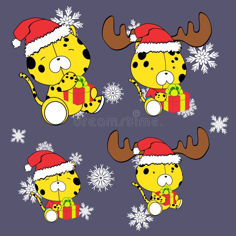 Xmas Cute Baby Chibi Leopard Character Cartoon Illustration, Vector ...
