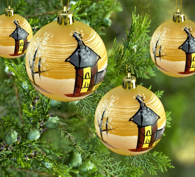 Xmas Decorations Pine Tree Gold Bauble Balls Stock Image - Image of ...