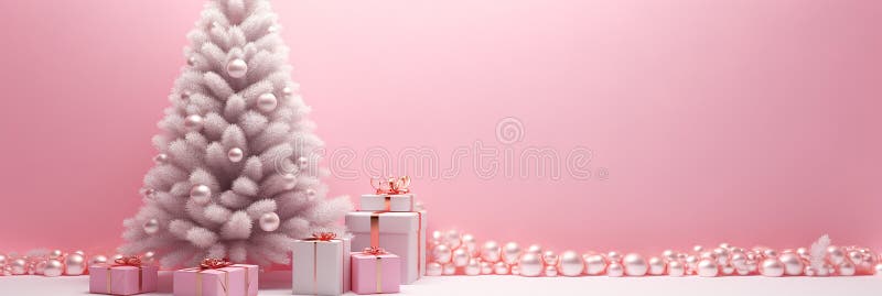 Xmas Greeting Card Space For Text Merry Christmas Christmas Decorations And Fir Tree On Pink