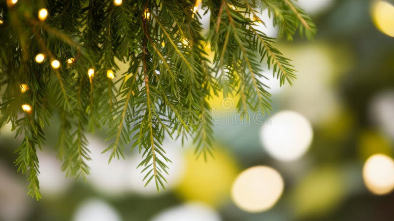 Xmas Holiday Greenery with Blurred Bokeh Background with Copy-Space Stock Image - Image of pine ...