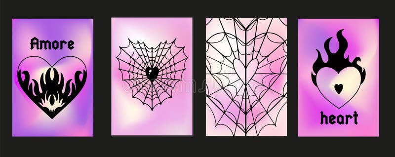 Y2k Emo Poster Fire, Spider Web Hearts. Vector Illustration Stock ...